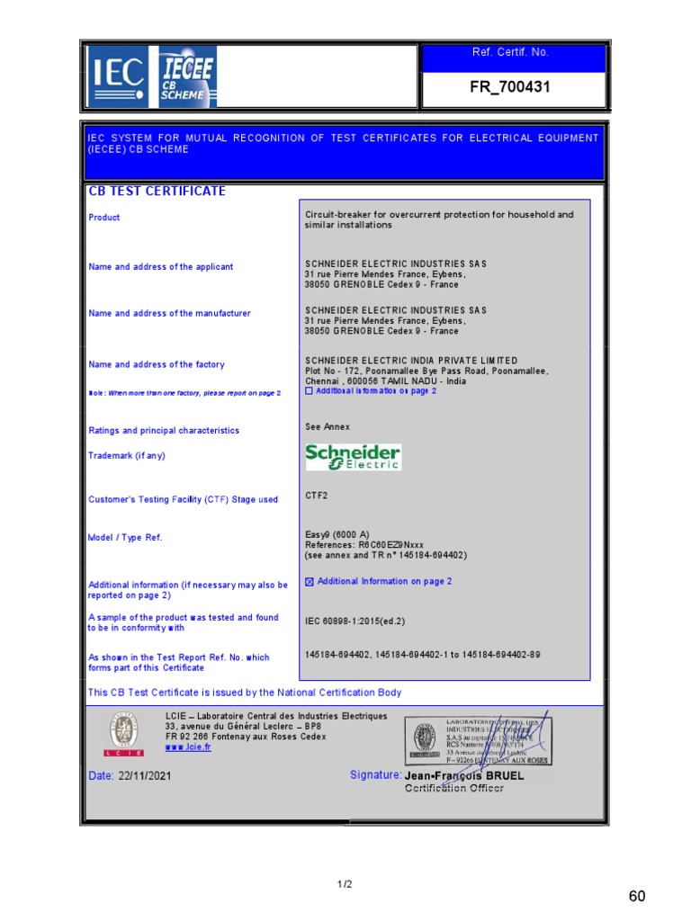 CB Test Certificate for Schneider Electric Industries SAS Easy9 (6000 A ...