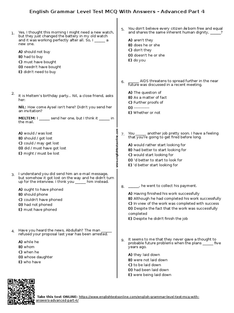 616 - English Grammar Level Test MCQ With Answers Advanced Part 4 | PDF ...