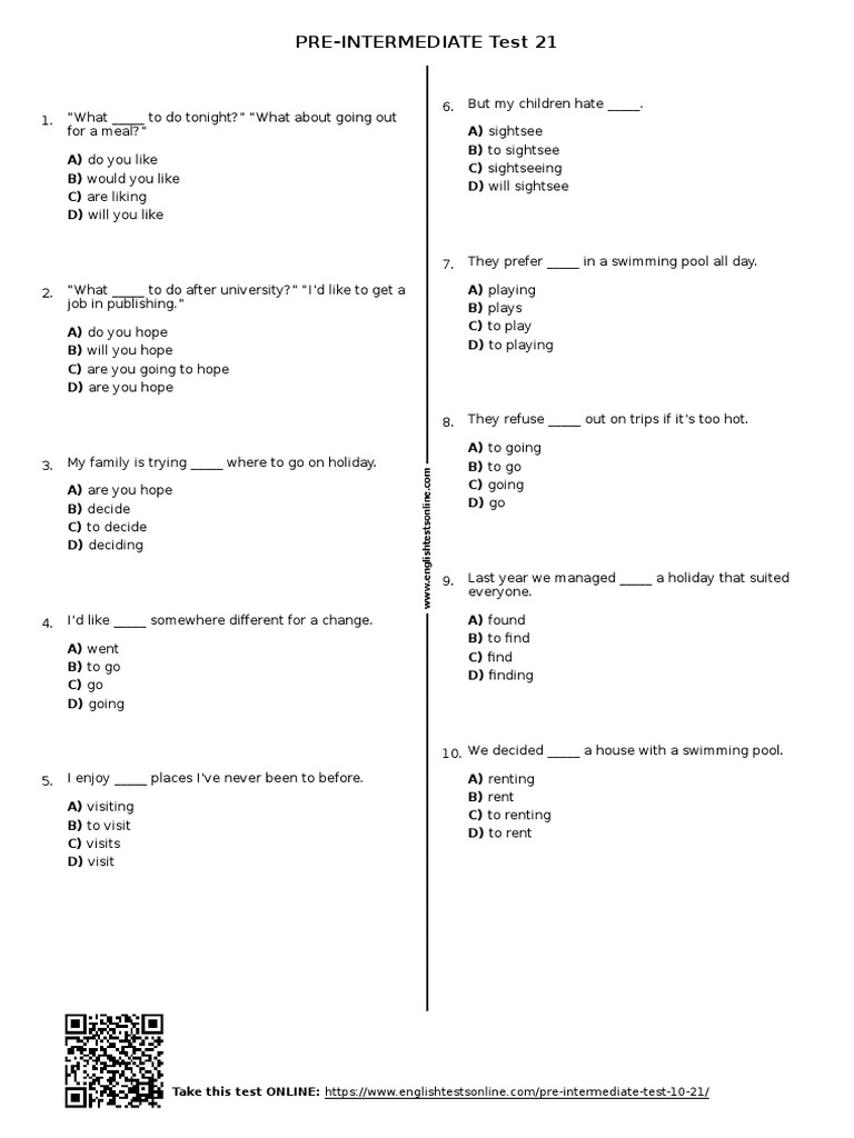 Pre-Intermediate English Test 21 | PDF