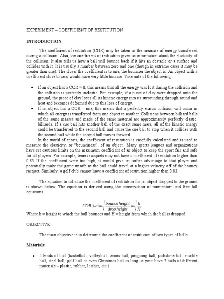 Coefficient of Restitution Experiment | PDF | Collision | Metrology