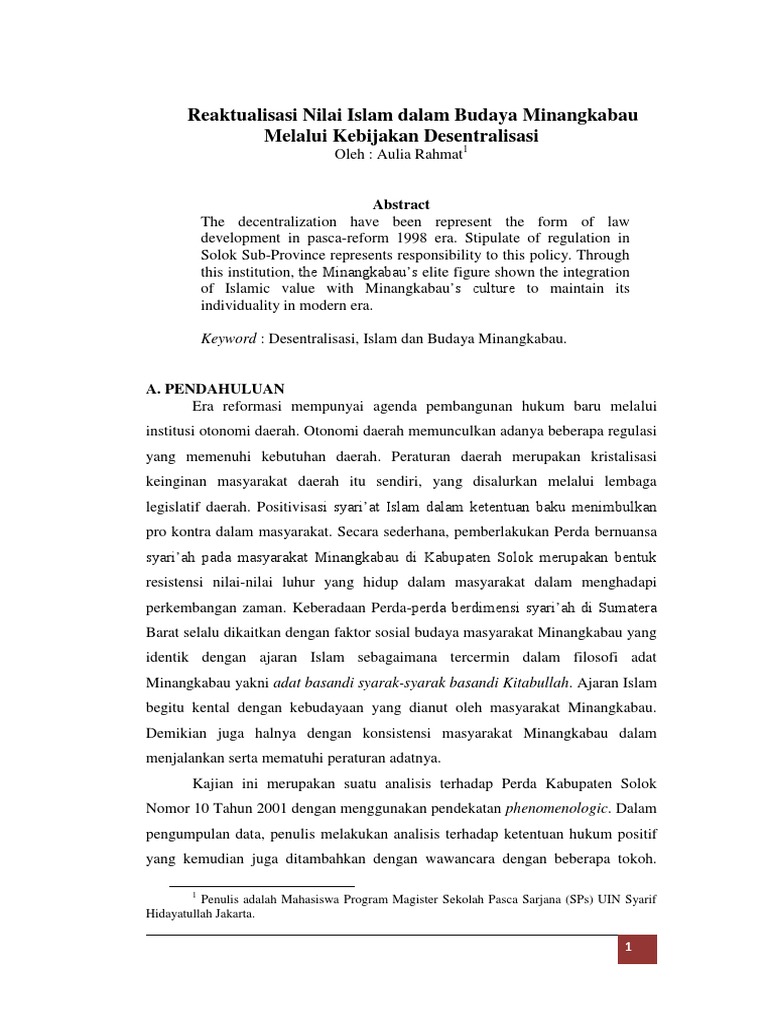 Id Reaktualisasi Nilai Islam Dalam Budaya Minangkabau Melalui Kebijakan Desentralis Pdf 