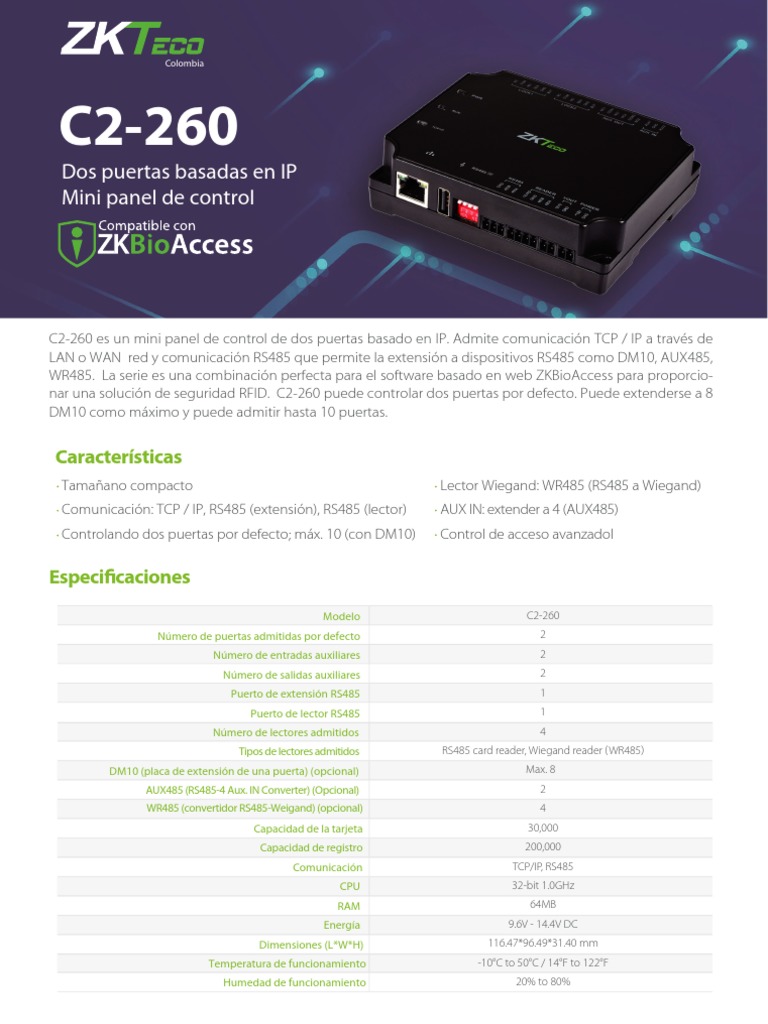 C2 260 Control de Acceso Zkteco Colombia Biometria Ficha Tecnica | PDF ...
