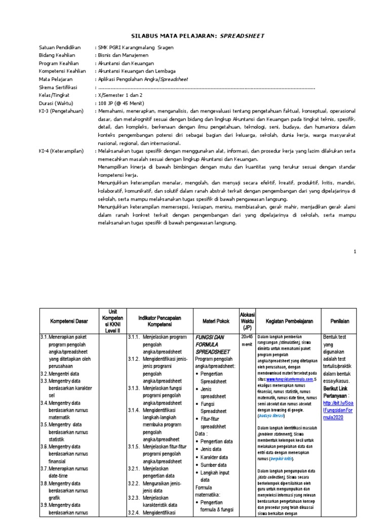 Silabus Aplikasi Pengolah Angka Spreadsheet Kelas X | PDF