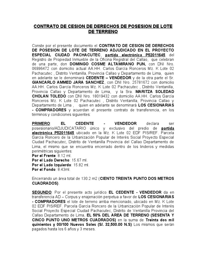 Contrato - de Cesion de Derechos de Posesion. Pacha | PDF | Ley común | Justicia