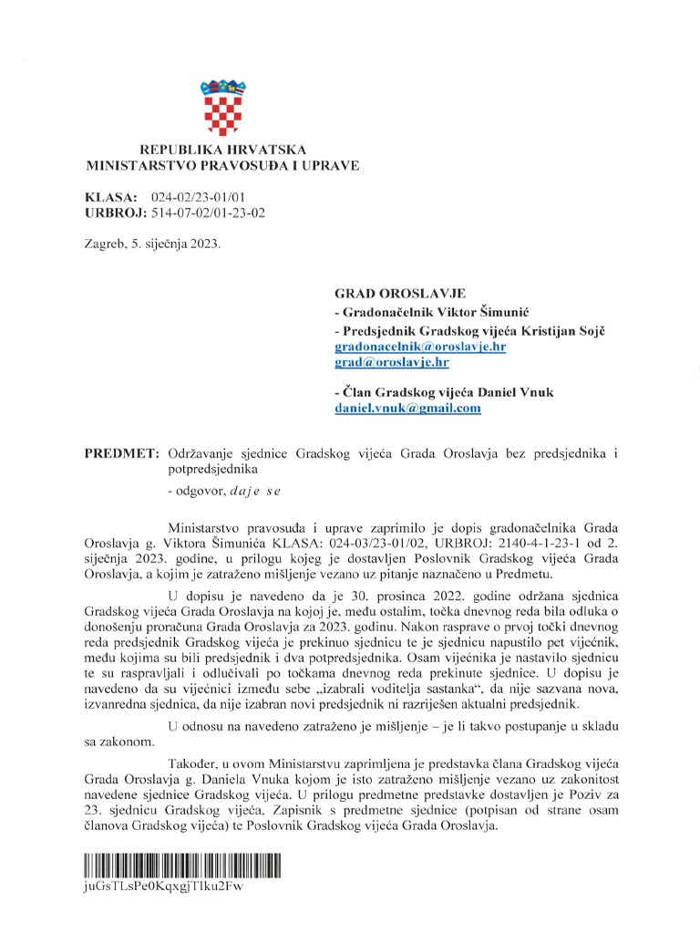 Grad Oroslavje (Održavanje Sjednice GV Bez Predsjednika) - Dopis MPU | PDF