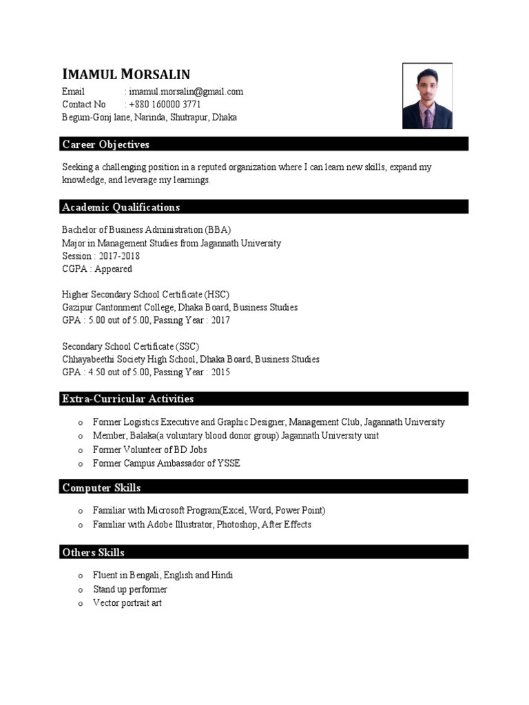 Resume of Imamul Morsalin (BBA, Major in Management Studies) | PDF ...