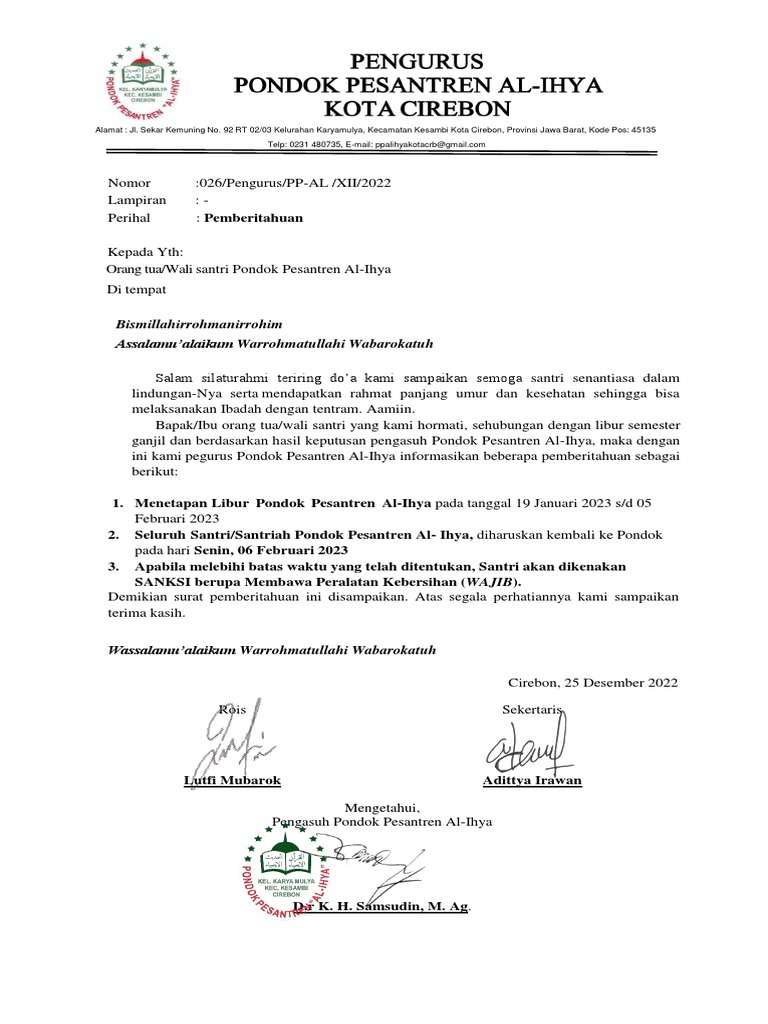 026 - Surat Pemberitahuan Libur Semester | PDF