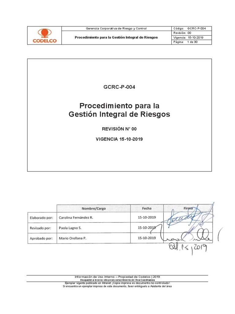 Procedimiento para La Gestión Integral de Riesgos: GCRC-P-004 | PDF | Riesgo | Planificación