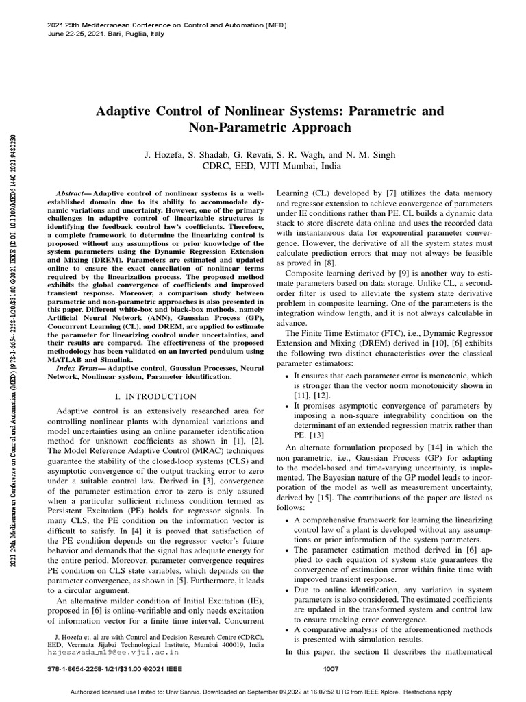 Adaptive Control of Nonlinear Systems Parametric and Non-Parametric Approach | PDF | Regression ...