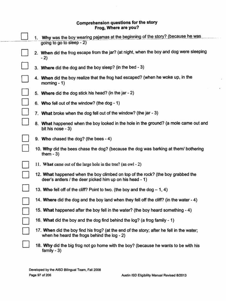 Frog Where Are You Comprehension Questions Eng and SPN | PDF | Speech ...
