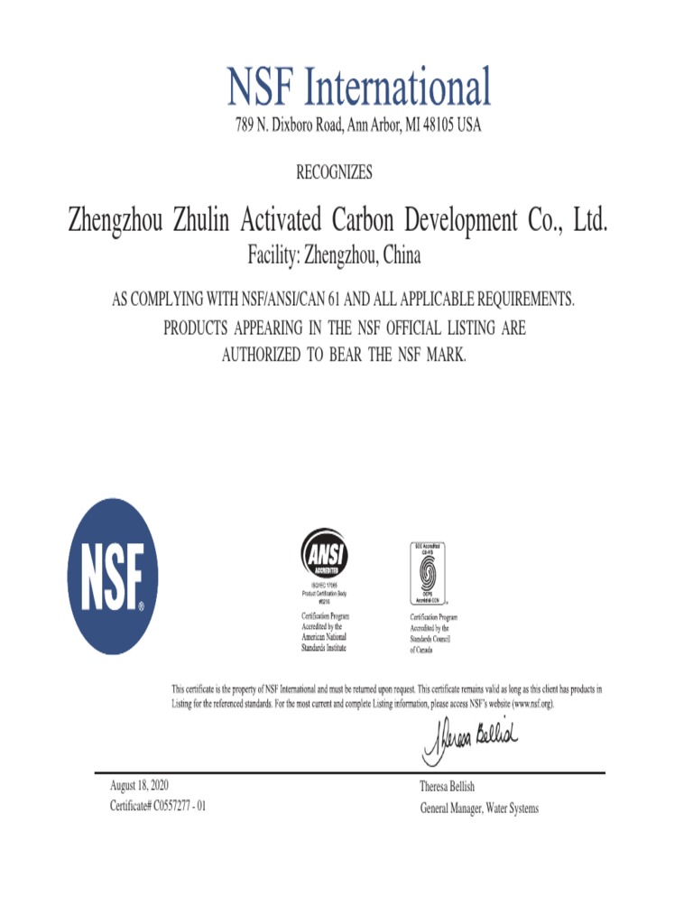 Ficha Tecnica Carbon Activado Certificate - NSF - Zhulin | PDF