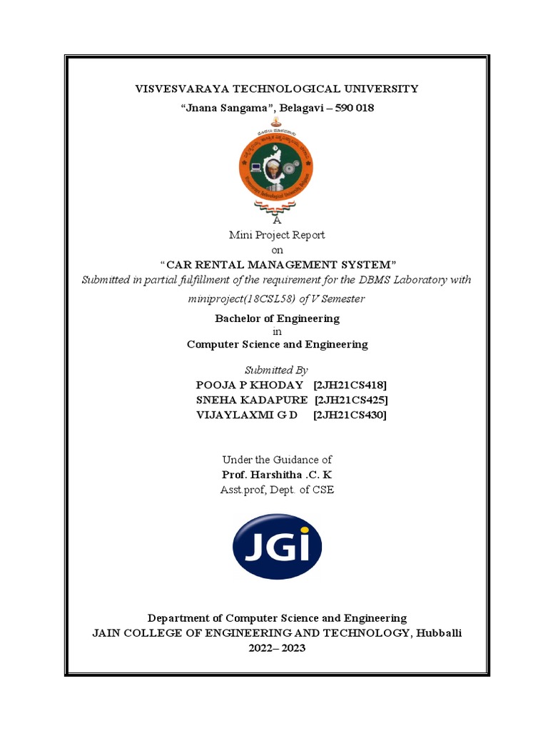 Car Rental Management System: A Mini Project Report Submitted for the ...