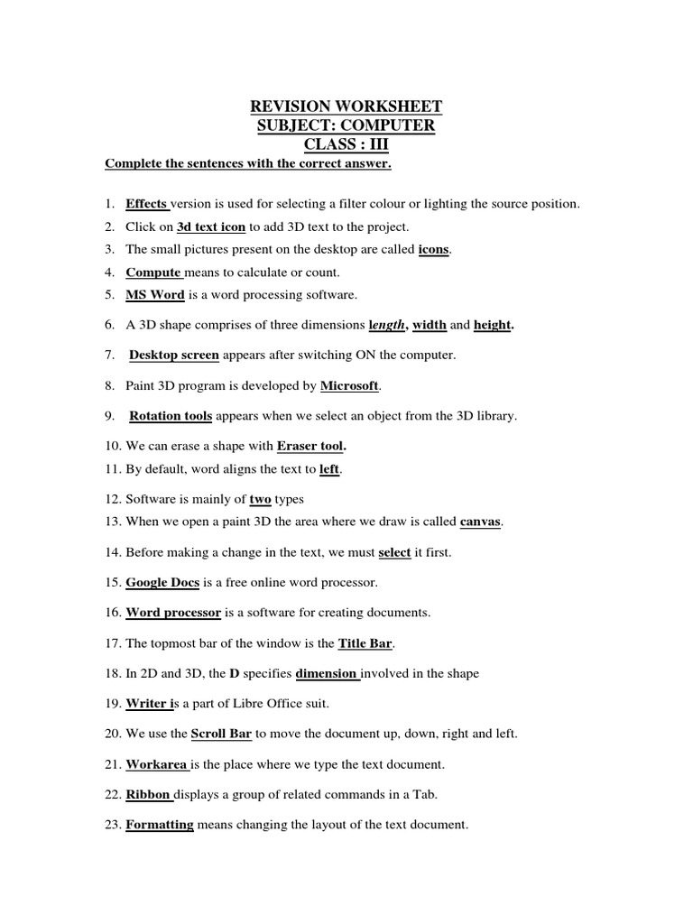 Computer Class III Revision Worksheet: Key Terms and Concepts Related ...