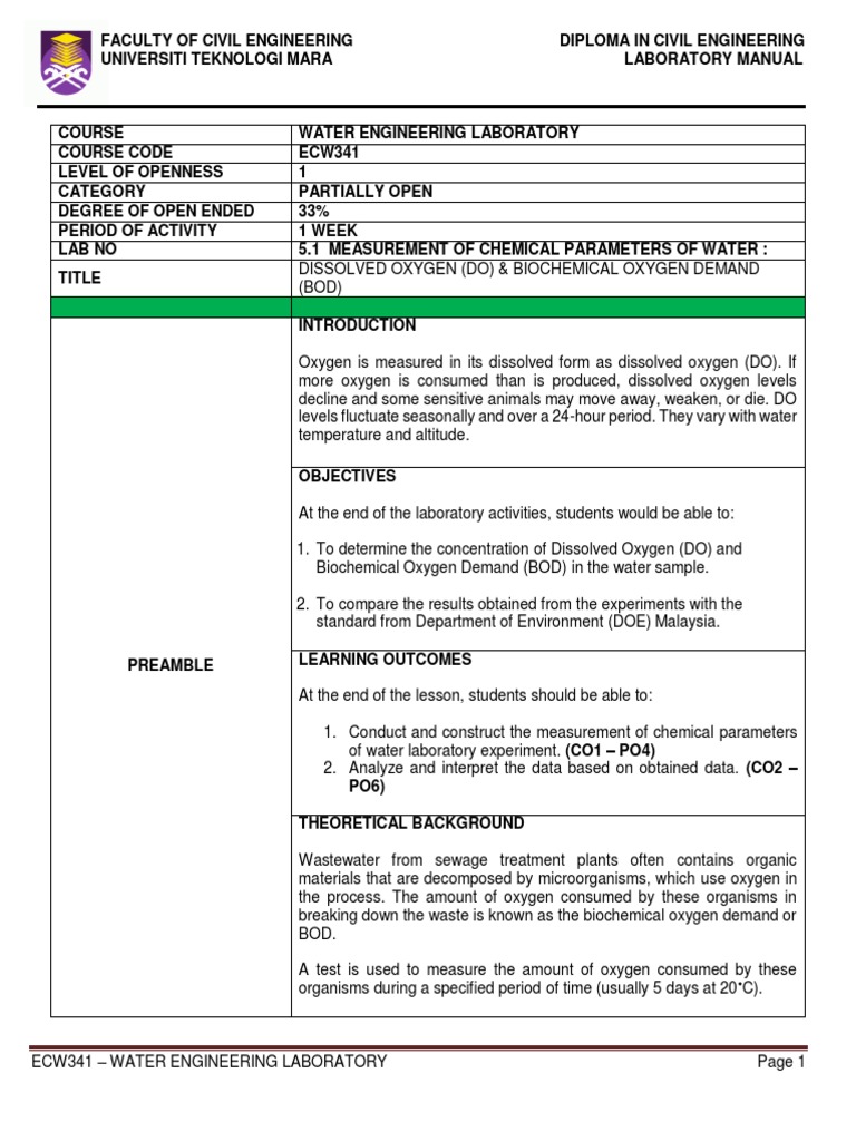 Lab Manual 5.1 - LEVEL 1 - Dissolved Oxygen (DO) - Biochemical Oxygen ...