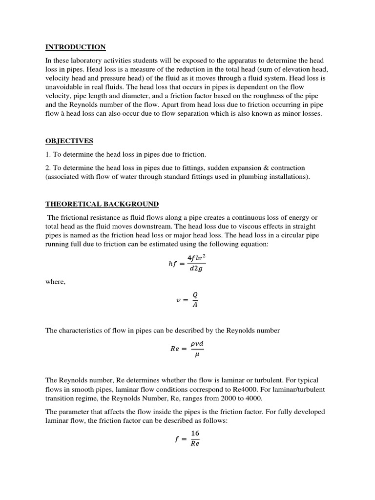 Head Loss Analysis in Pipe Systems | PDF | Fluid Dynamics | Reynolds Number