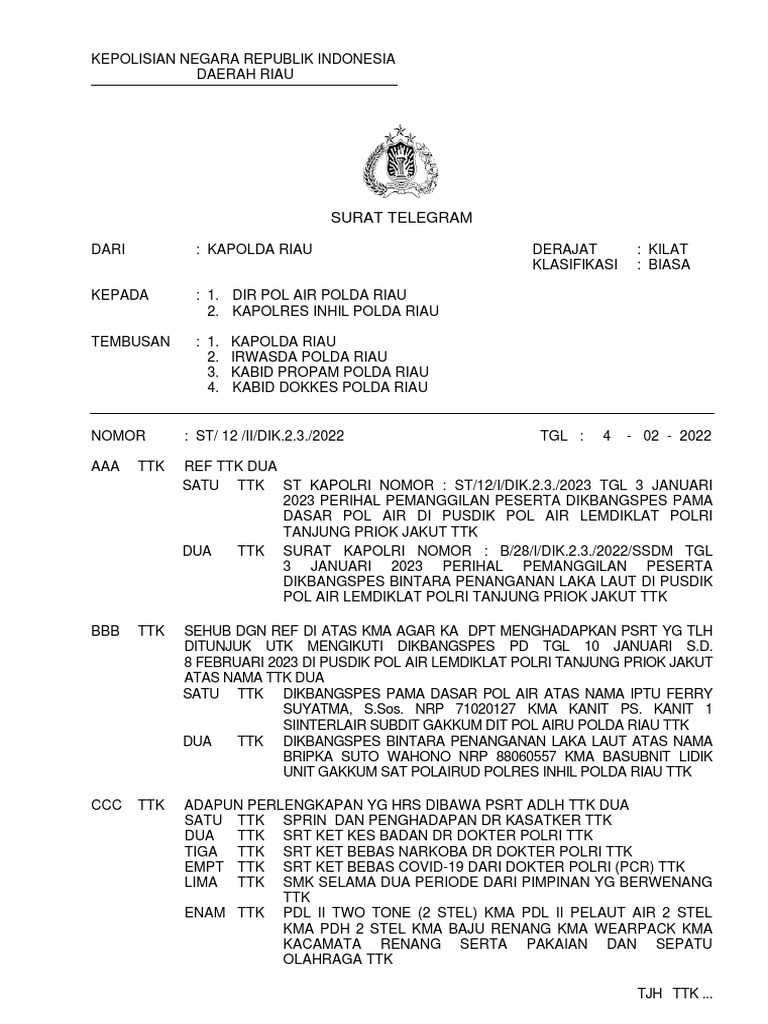 ST Panggil Dikjur Pusdik Pol Air Jan 2023 | PDF