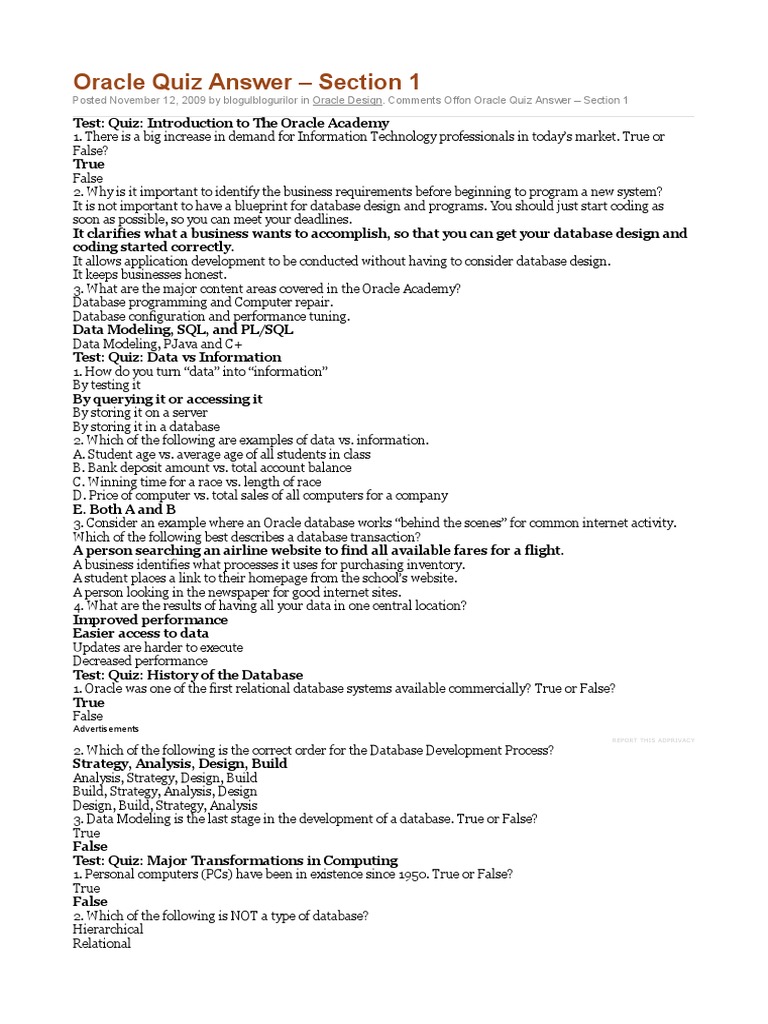 Oracle Quiz Answer | PDF | Databases | Client–Server Model
