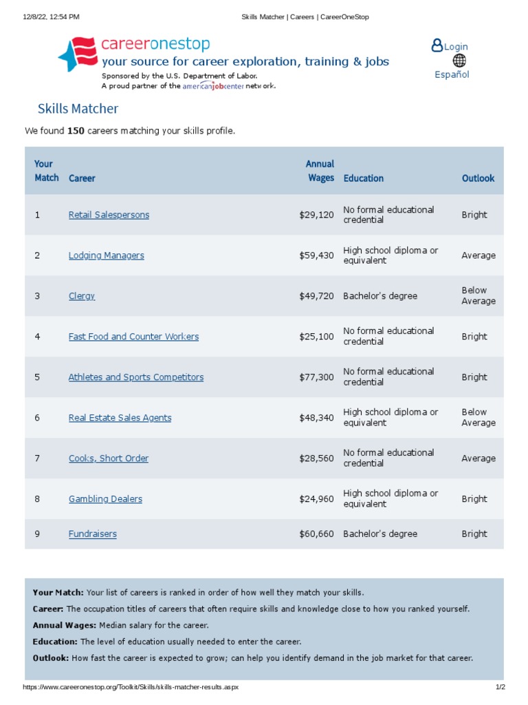 Skills Matcher - Careers - CareerOneStop | PDF | Labour Economics | Salary