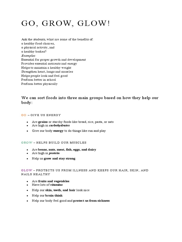 Benefits of Go, Grow, Glow Foods | PDF | Self-Improvement