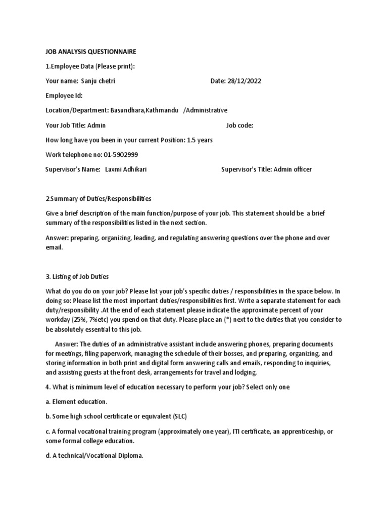 Job Analysis Questionnaire | PDF | Academic Degree | Bachelor's Degree
