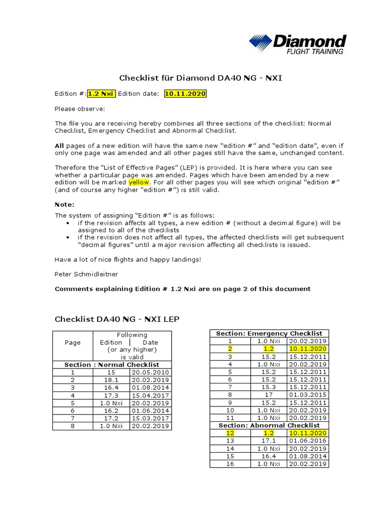 Diamond DA40 NG Checklist Edition 1.2 | PDF | Flight Control Surfaces ...