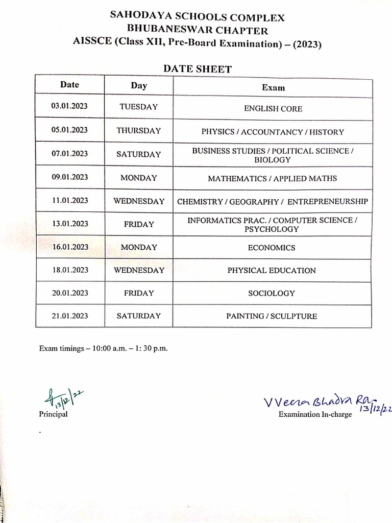 Sahodaya Pre Board Date Sheet | PDF