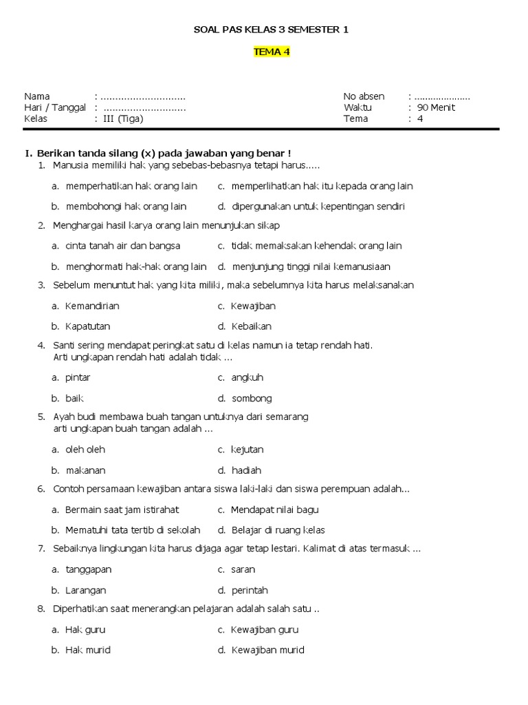Soal PAS Kelas 3 Tema 4 - Kamimadrasah | PDF