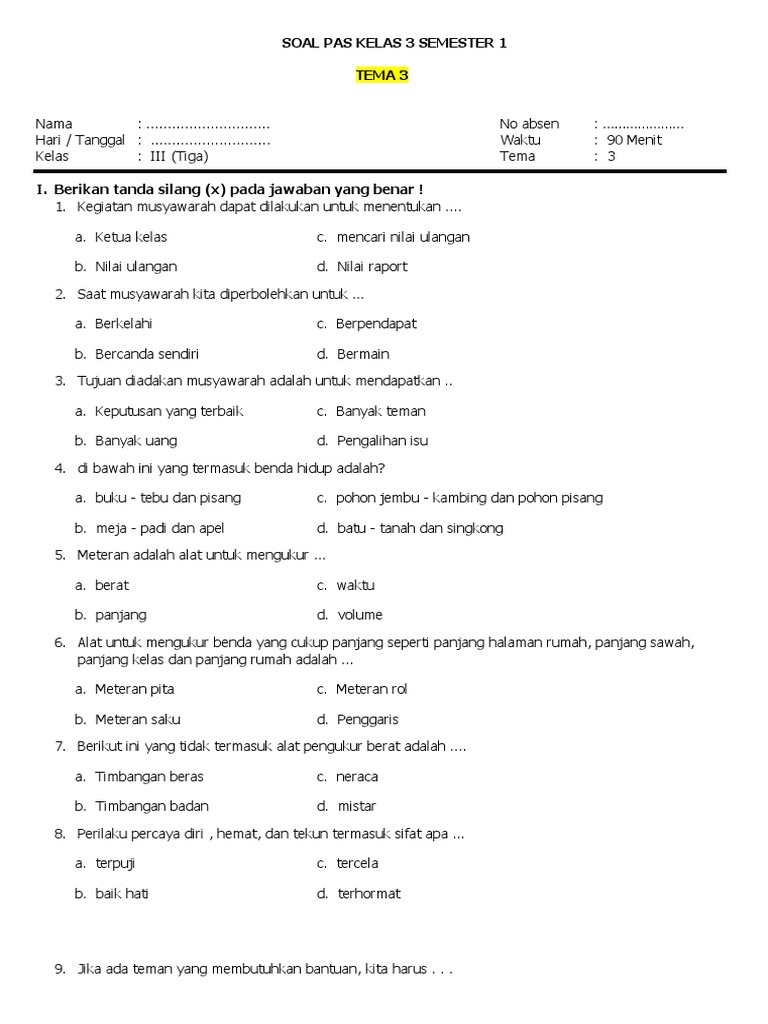 Soal PAS Kelas 3 Tema 3 - Kamimadrasah | PDF