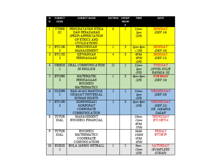 Timetable Sem 1 Ums | PDF
