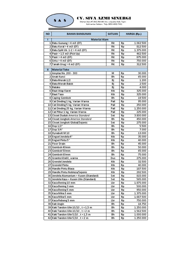 PENAWARAN HARGA MATERIAL CV. SAS | PDF