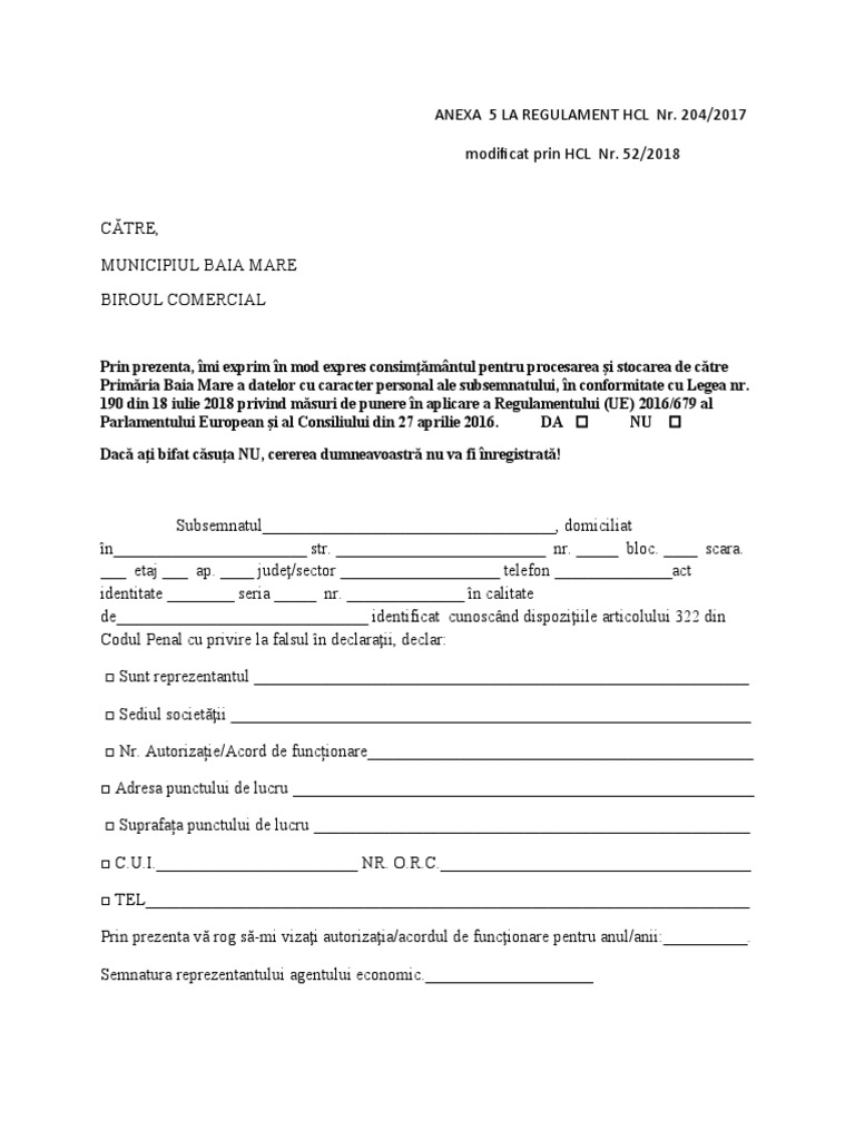 Cerere Viza Anuala Autorizatiiacorduri de Functionare 2020 | PDF