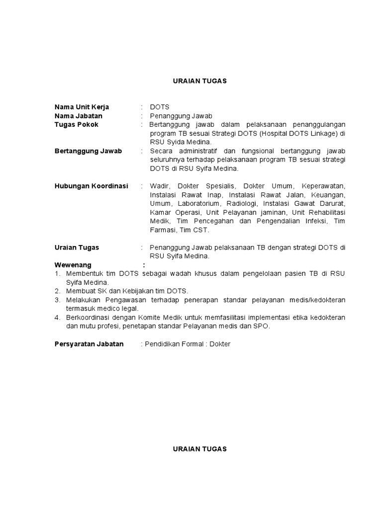 Uraian Tugas DOTS RSU Syifa Medina | PDF