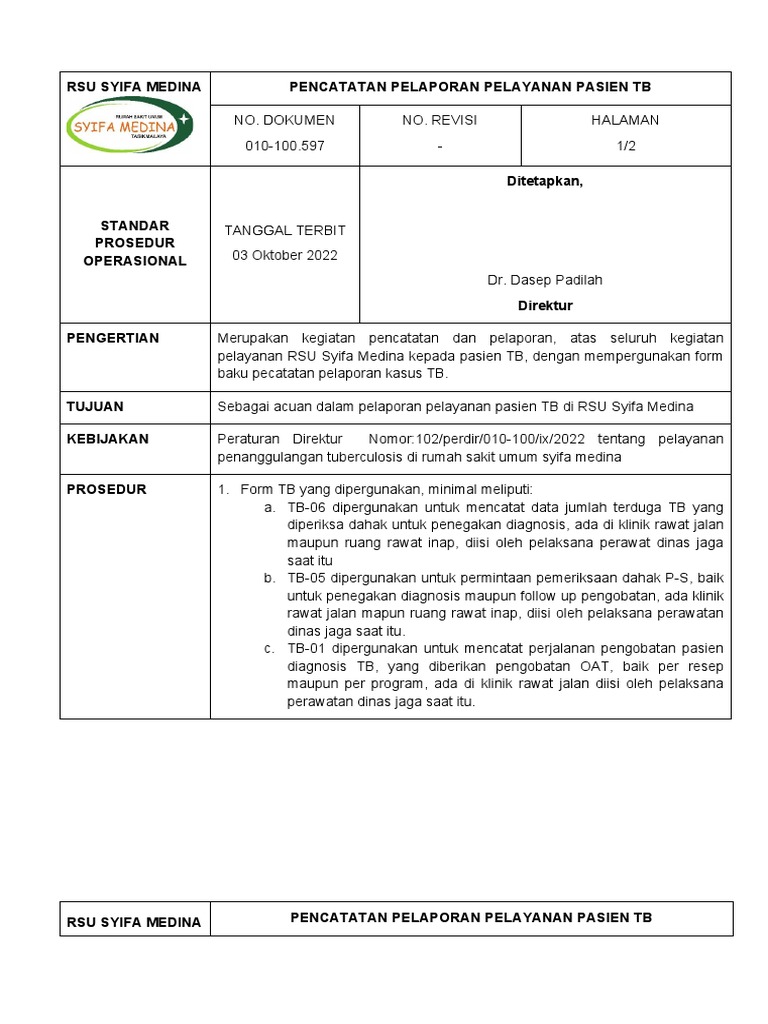 SPO Pencatatan Pelaporan Pelayanan Pasien TB RSU Syifa Medina | PDF