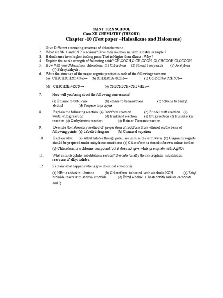 Chapter - 10 (Test Paper - Haloalkane and Haloarene) : Saint S.R.S ...