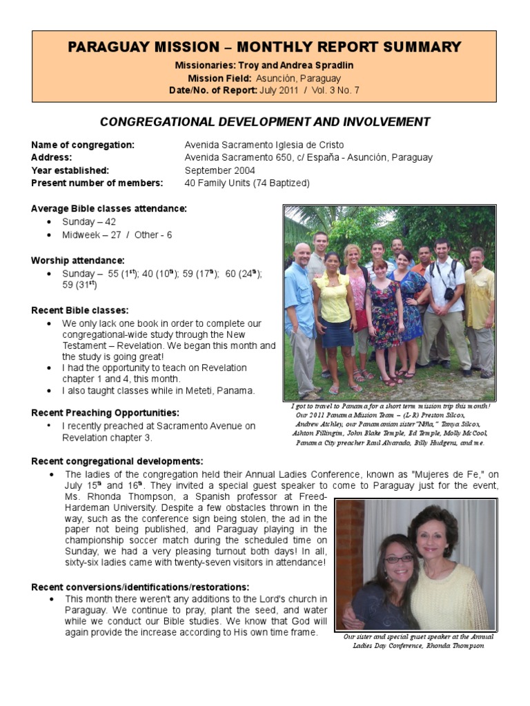 Paraguay Mission Monthly Report Summary | PDF | Evangelism | Elder ...