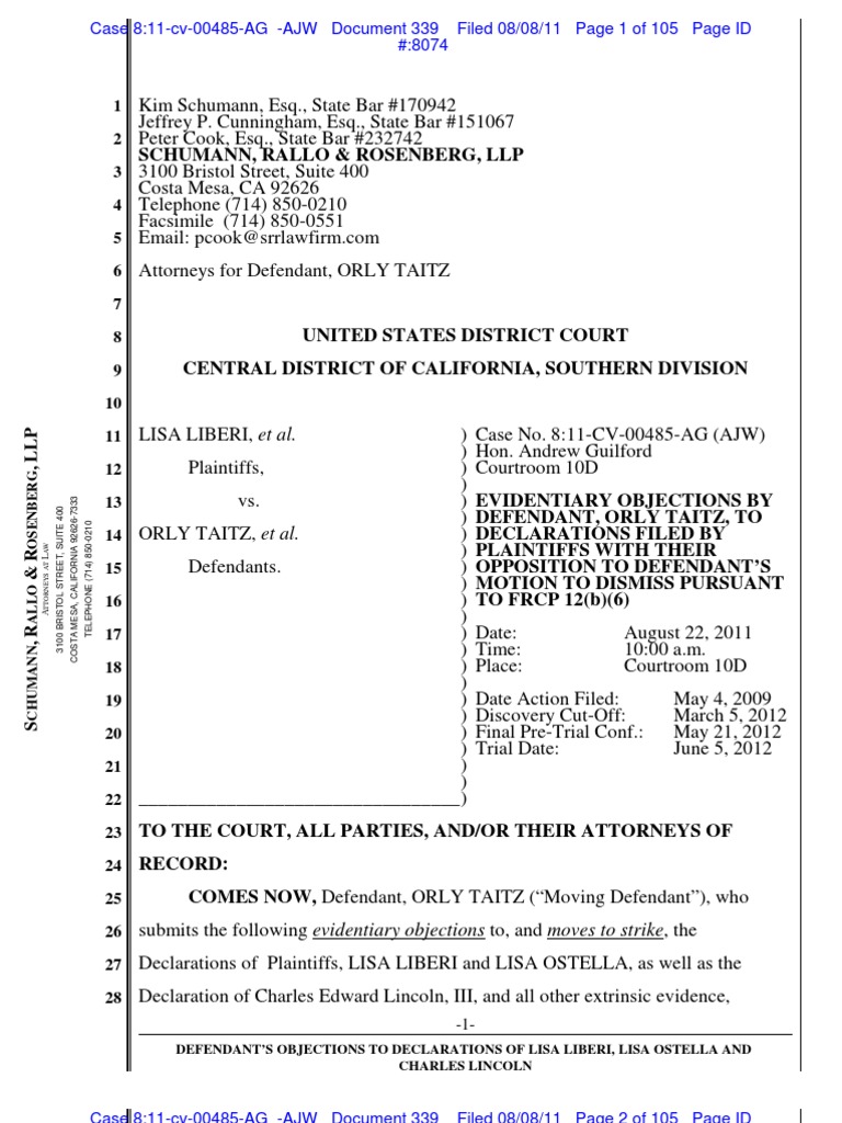 LIBERI v TAITZ (C.D. CA) - 339 - OBJECTION IN SUPPORT OF re: MOTION to ...
