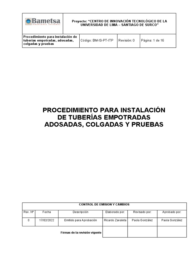 BM-Is-PT-ITP Procedimiento para Instalacion de Tuberias Empotradas, Adosadas, Colgadas y Pruebas ...