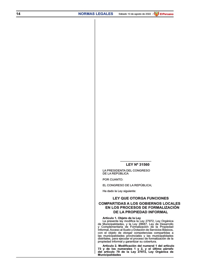 Ley #31560 - Ley Que Otorga Funciones | PDF