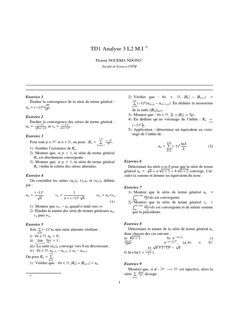TD1 Analyse 3 2020 | PDF | Analyse mathématique | Calcul