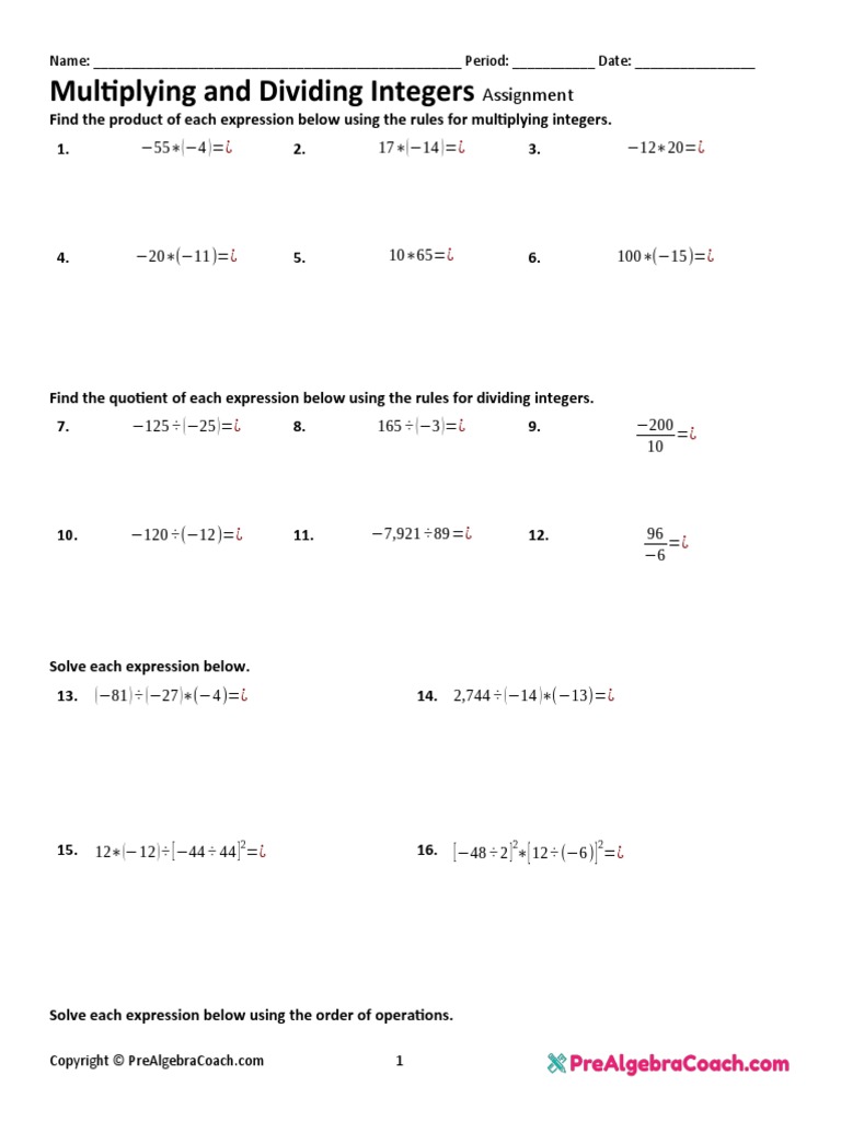 1 11 Assignment Multiplying and Dividing Integers | PDF | Abstract Algebra | Numbers