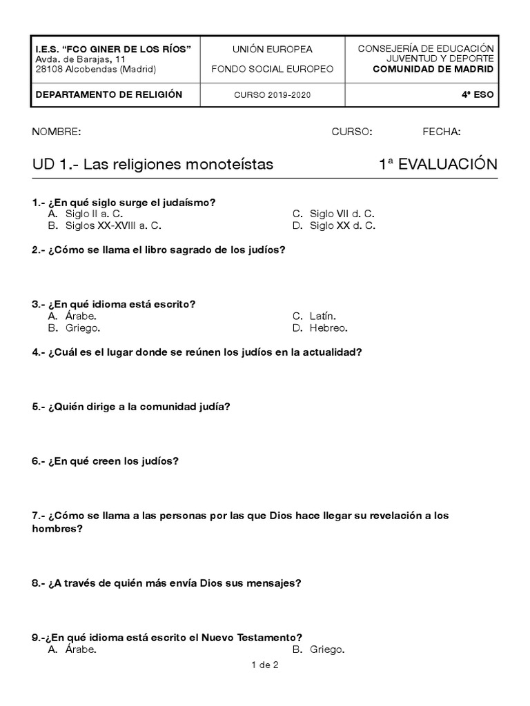 4 UD 1. - Las Religiones Monoteístas - Examen 2019-2020 | PDF ...