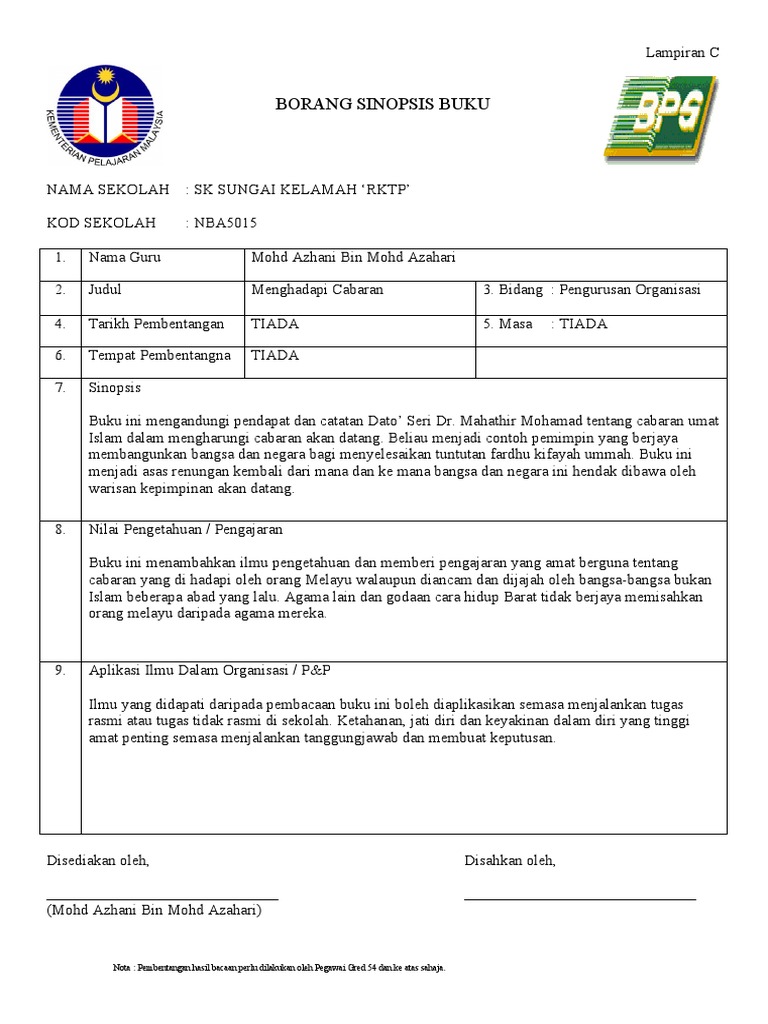 Borang Sinopsis Buku - Menghadapi Cabaran | PDF