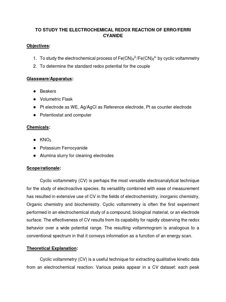 To Study The Electrochemical Redox Reaction | PDF | Anode | Physical Chemistry
