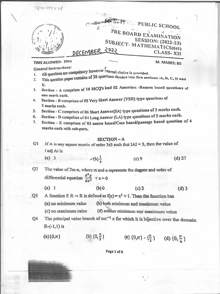 Math Pre Board 1 | PDF