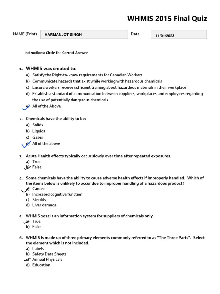 WHMIS 2015 Final Quiz Overview | PDF | Dangerous Goods | Labor Relations