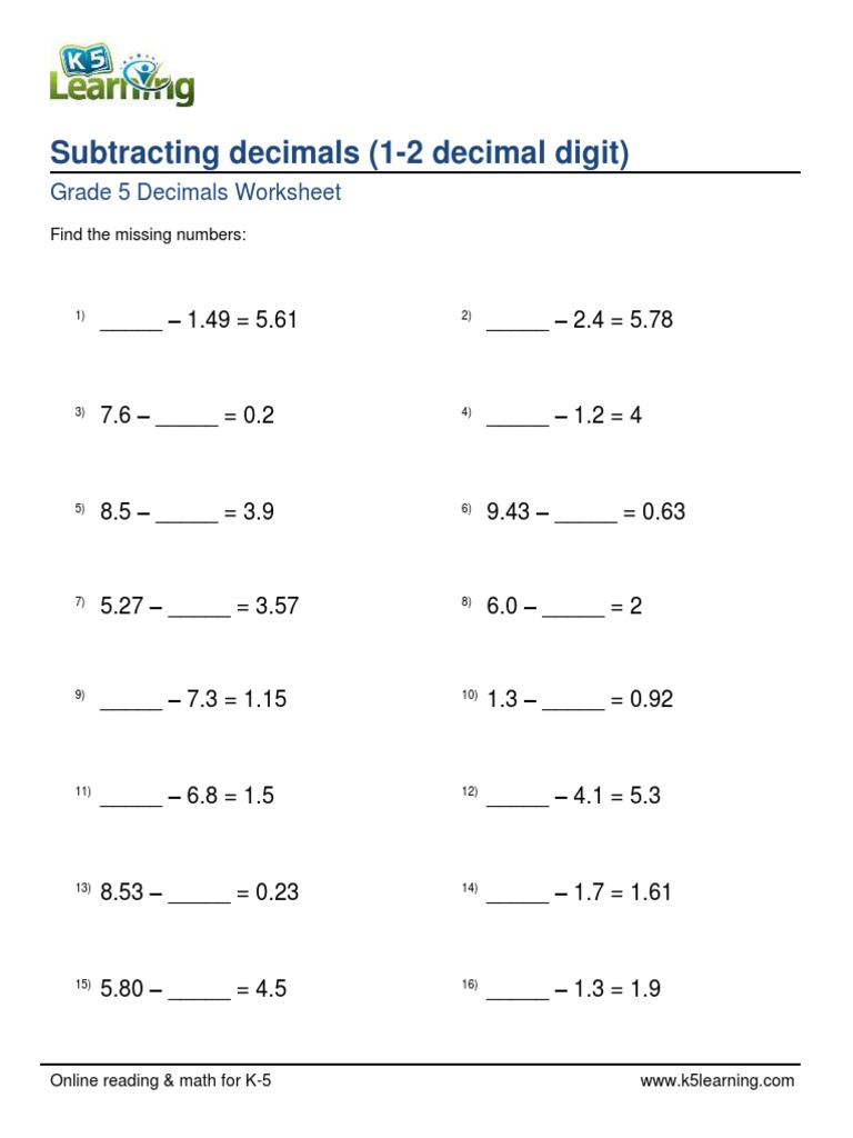 Grade 5 Subtracting Decimals 1 2 Digit Missing Minuend Subtrahend A | PDF