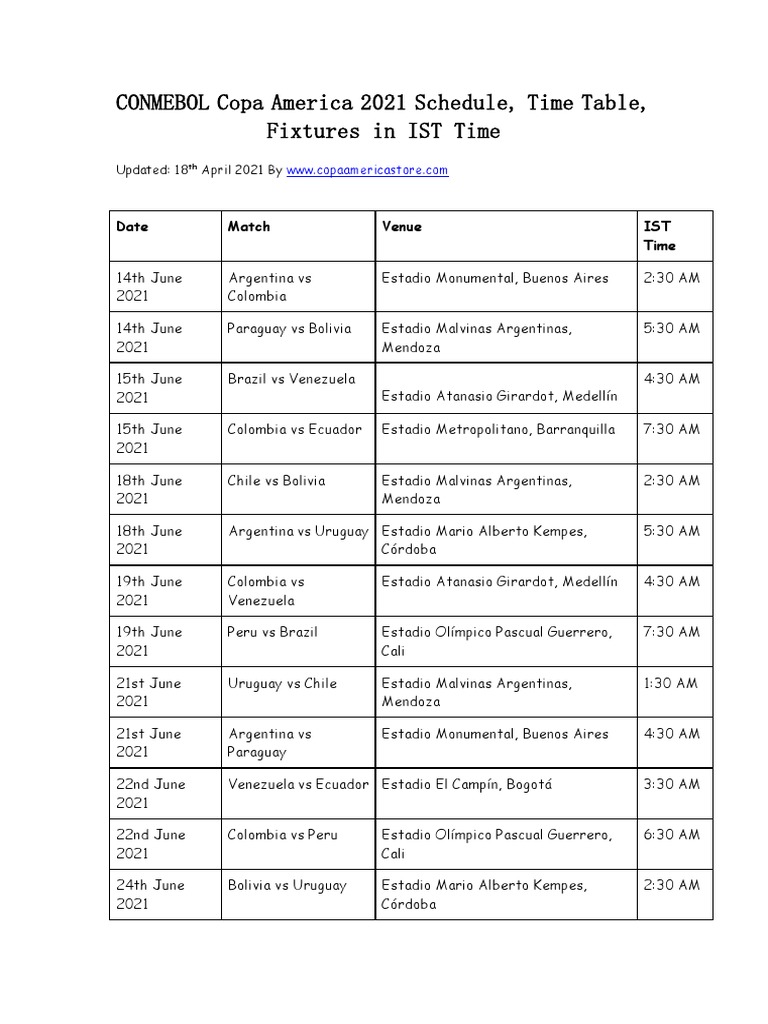 Copa America Schedule 2021 Converted 2 | PDF | Sports Teams ...