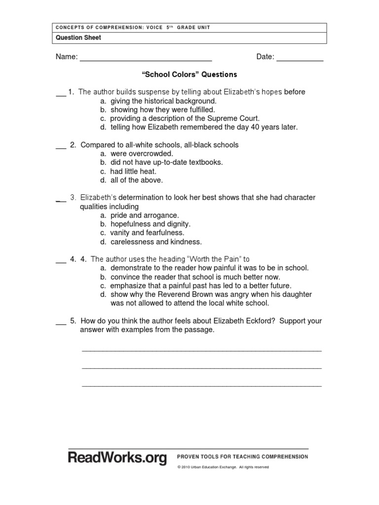 School Colors Question Sheet | PDF