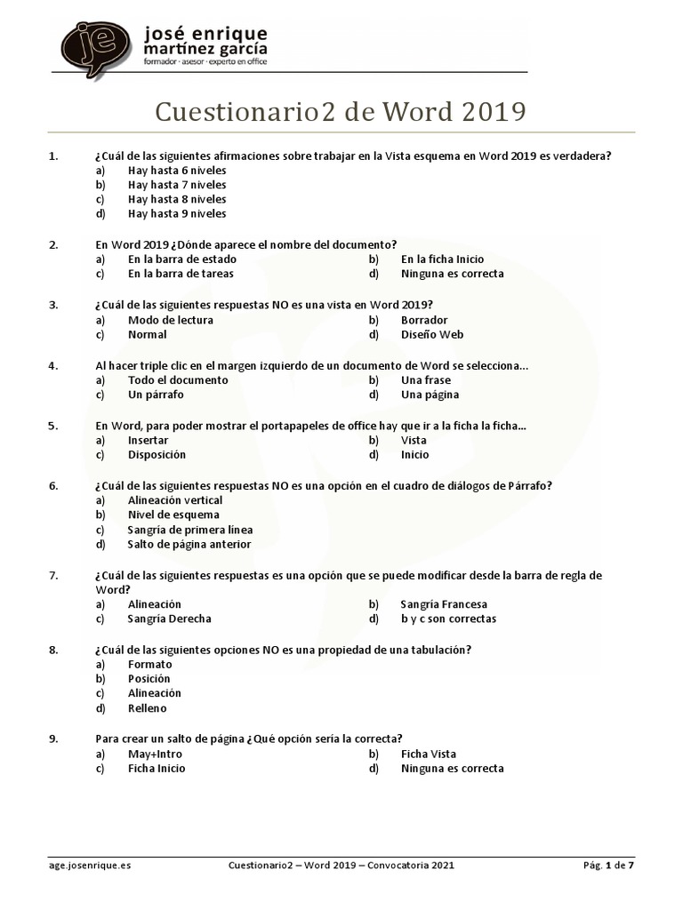 Cuestionario2 de Word 2019 234567 | PDF | Microsoft Word | Software