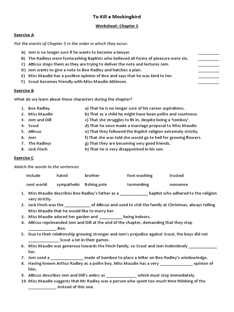 TKAMChapter Five Worksheet | PDF | To Kill A Mockingbird